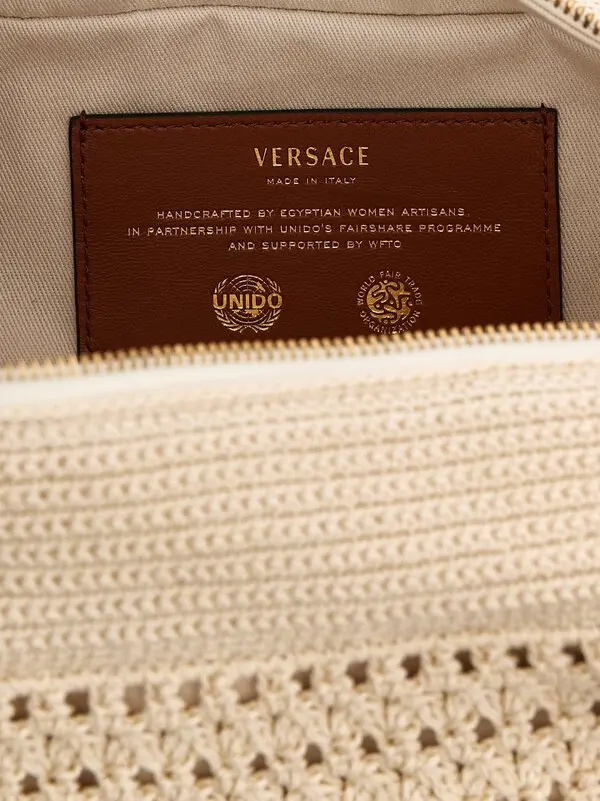 Versace Crochet Raffia Shoulder Bag With Nappa Leather Details