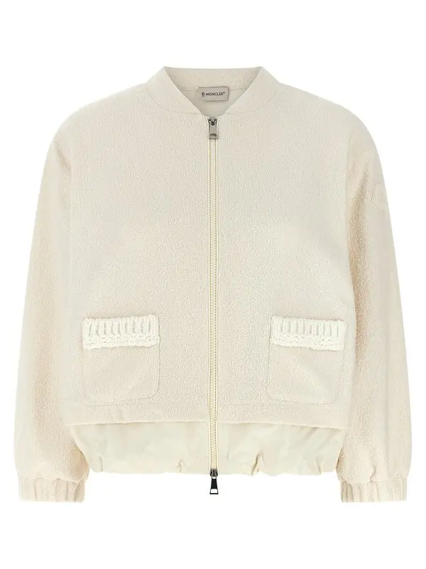 Moncler Bouclé Cardigan With Flared Silhouette And Drawstring Hem - White