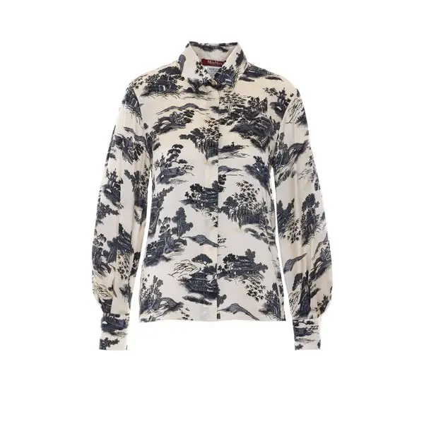 Max Mara Evetro Silk Graphic Print Long Sleeve Shirt - Black