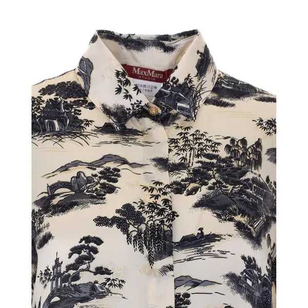 Max Mara Evetro Silk Graphic Print Long Sleeve Shirt - Black