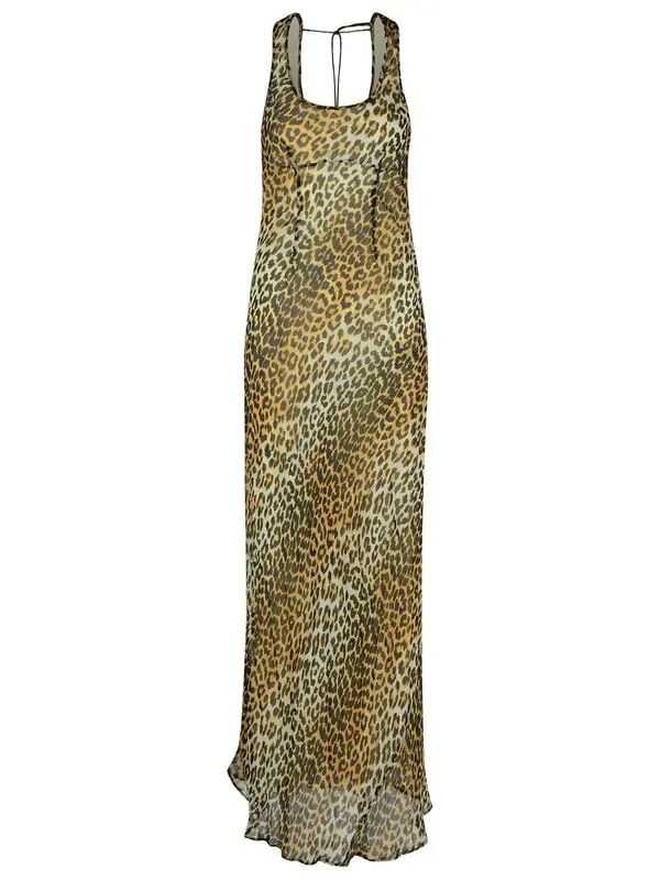 GANNI Leopard Print Viscose Long Dress - Multicolor