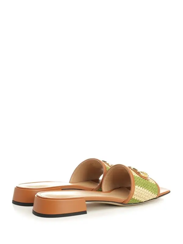 Valentino Garavani Striped Raffia And Leather Slides With Vlogo Decoration