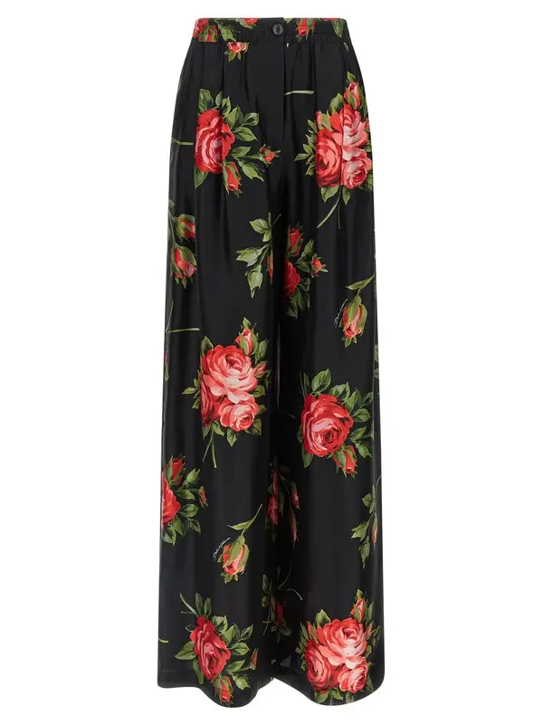 Dolce & Gabbana Bouquet Rose Silk Twill Pants - Black
