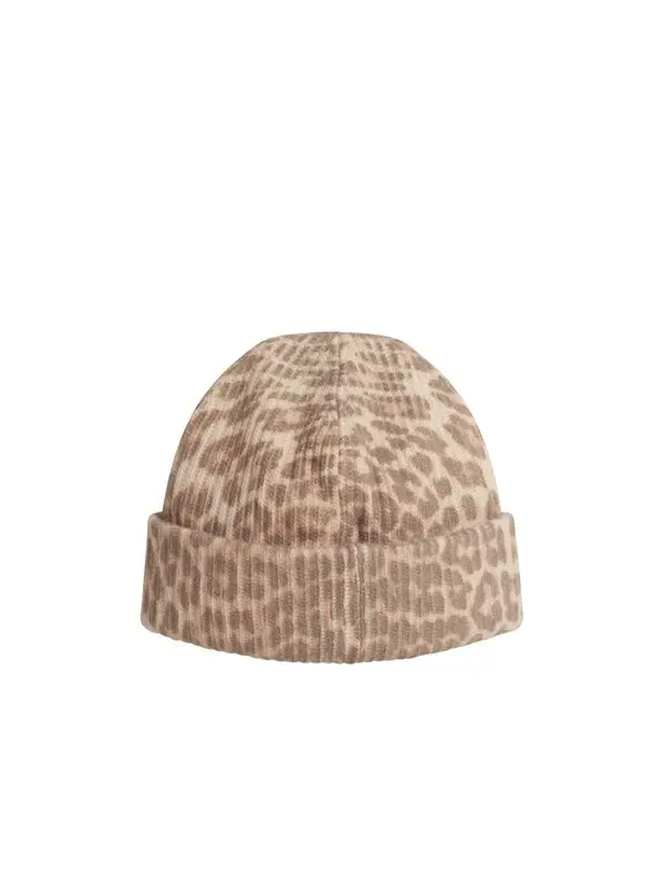 GANNI Leo Print Ribbed Wool Blend Beanie - Multicolor