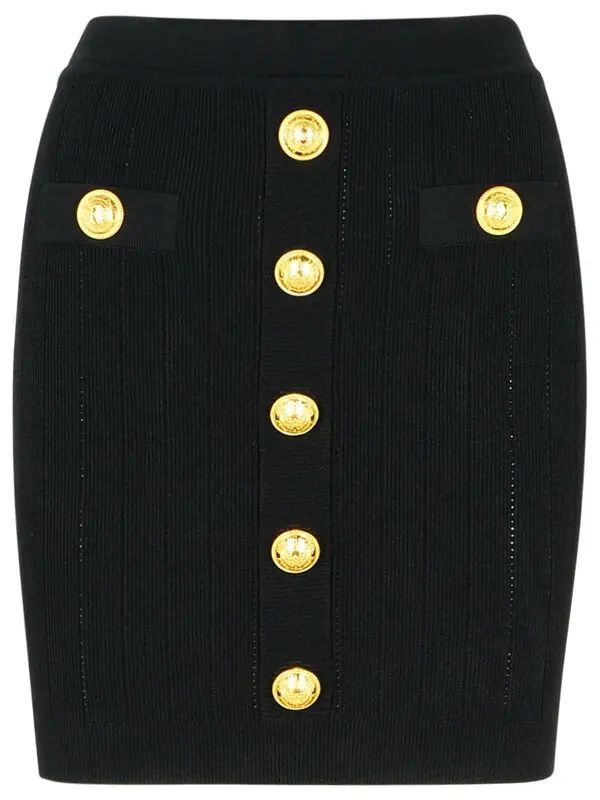 Balmain Ribbed Viscose Blend Miniskirt With Gold Tone Buttons - Black