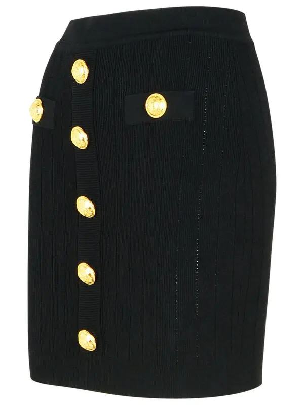 Balmain Ribbed Viscose Blend Miniskirt With Gold Tone Buttons - Black