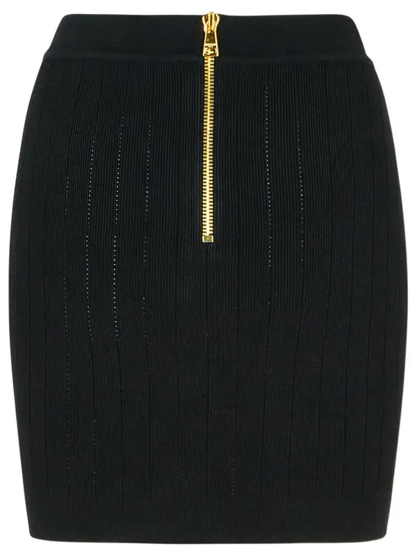 Balmain Ribbed Viscose Blend Miniskirt With Gold Tone Buttons - Black