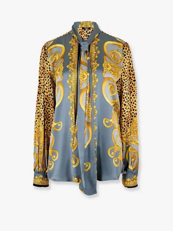 Versace Cheetah & Baroque Print Silk Lavalliere Shirt - Multicolor