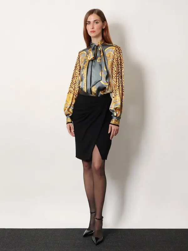 Versace Cheetah & Baroque Print Silk Lavalliere Shirt - Multicolor
