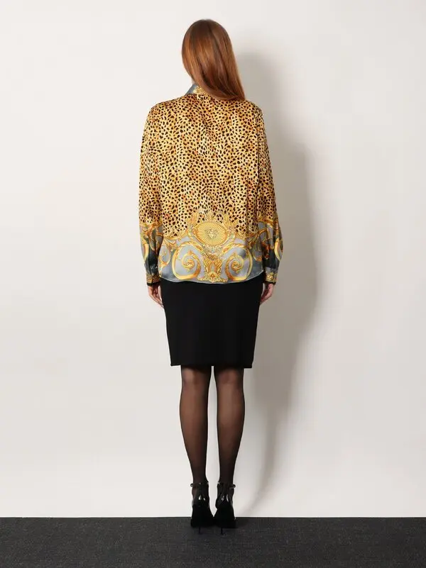 Versace Cheetah & Baroque Print Silk Lavalliere Shirt - Multicolor