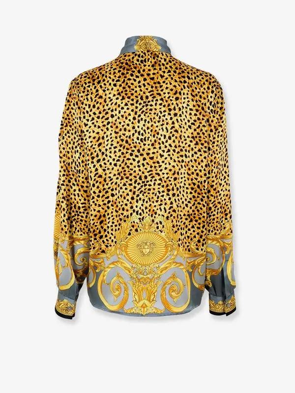 Versace Cheetah & Baroque Print Silk Lavalliere Shirt - Multicolor