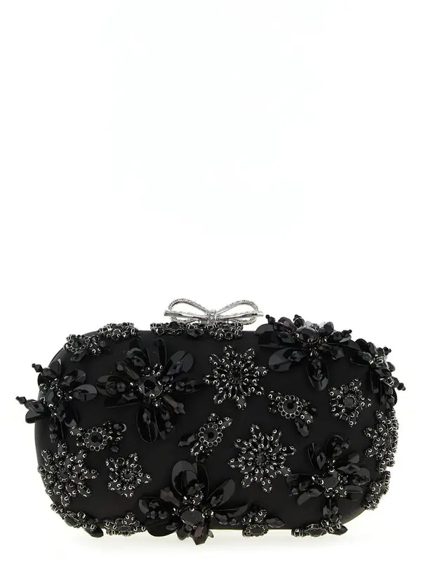 SELF-PORTRAIT Satin Floral Crystal Clutch - Black