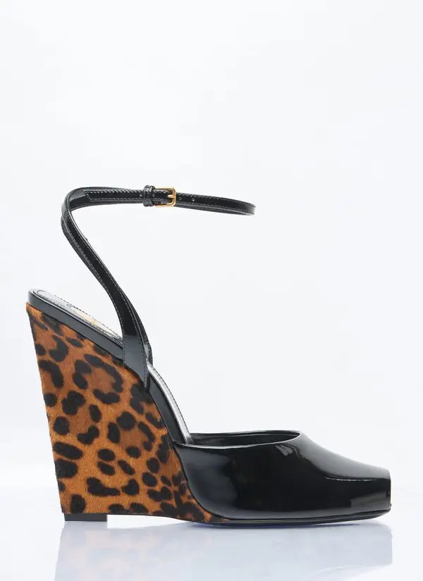 Saint Laurent Le Scandale Leopard Print Ponyhair Wedge - Black