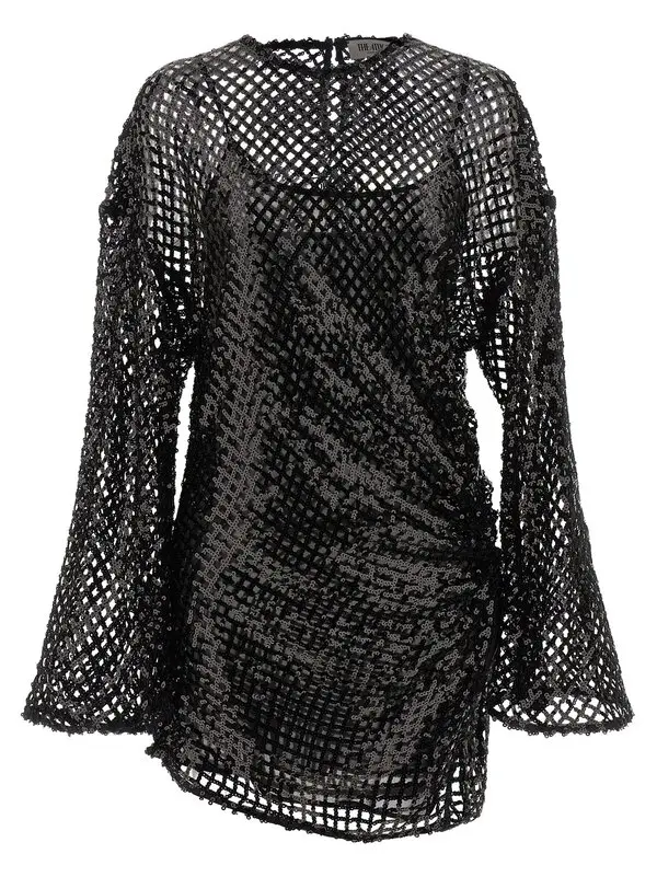 Attico Sequin Mesh Crew Neck Mini Dress With Flared Sleeves - Black