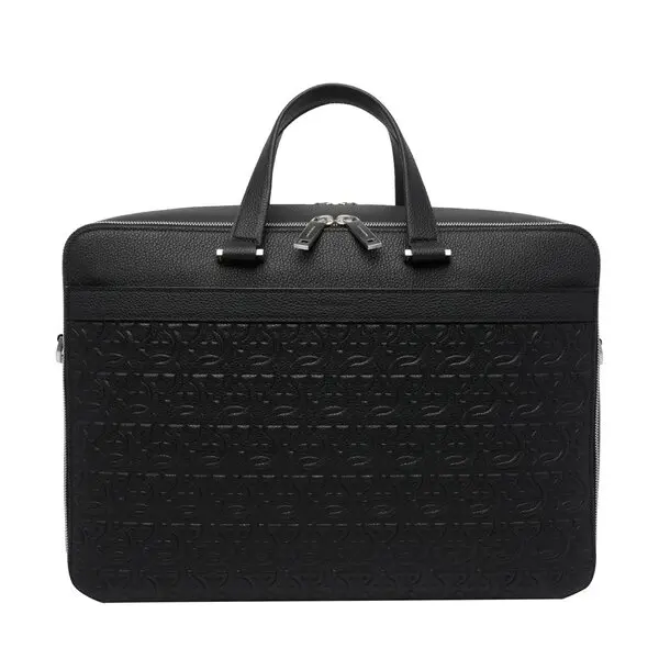 FERRAGAMO Gancini Embossed Calf Leather Briefcase - Black