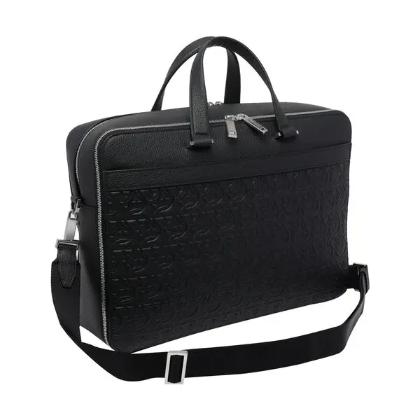 FERRAGAMO Gancini Embossed Calf Leather Briefcase - Black