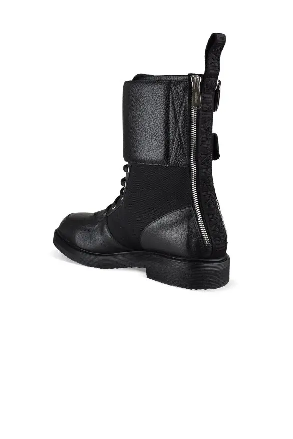 Balmain Leather And Canvas Combat Boots With Silver Buckle Detail