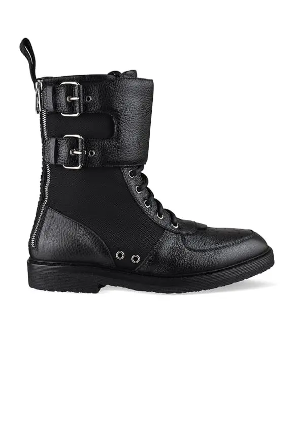 Balmain Leather And Canvas Combat Boots With Silver Buckle Detail - Black
