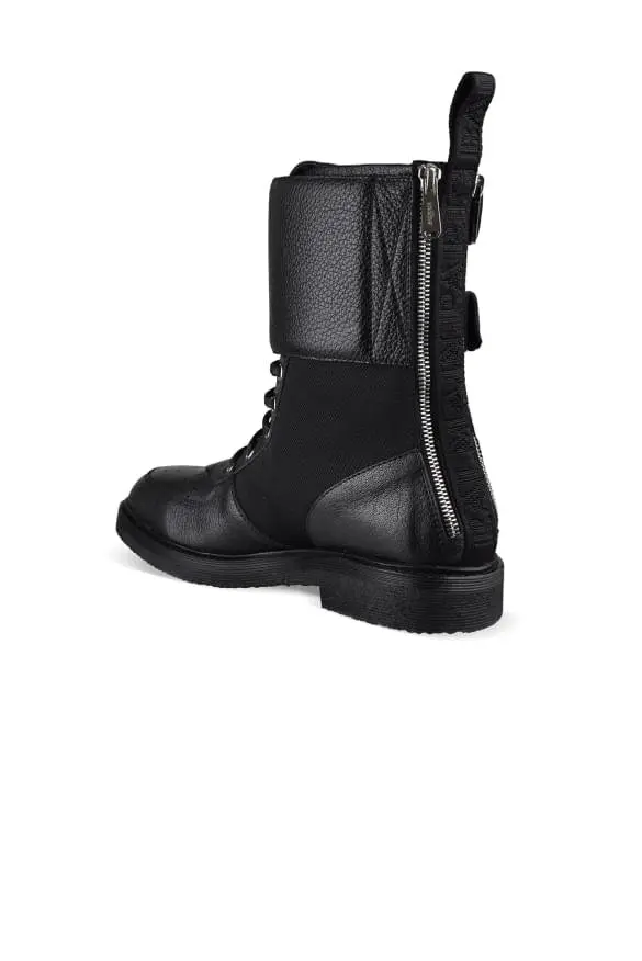 Balmain Leather And Canvas Combat Boots With Silver Buckle Detail