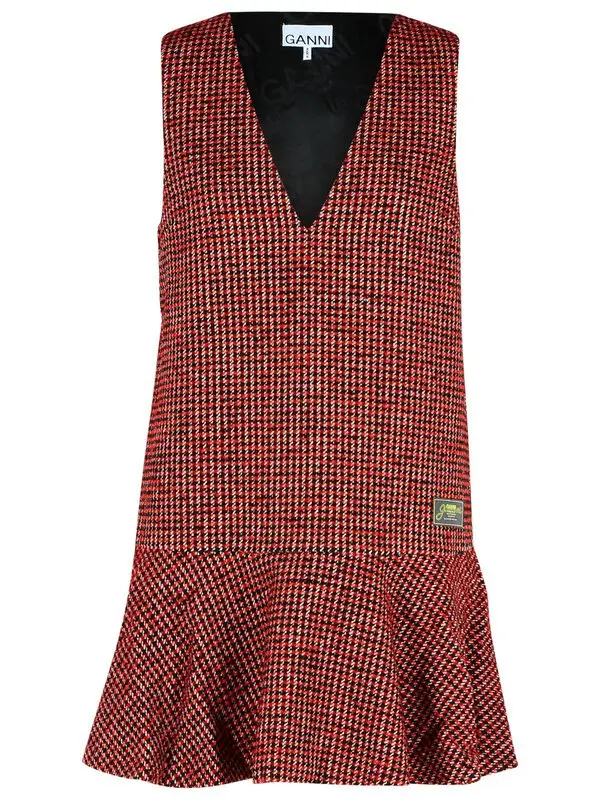 GANNI Wool Blend Dress With Contrast Patterns - Red