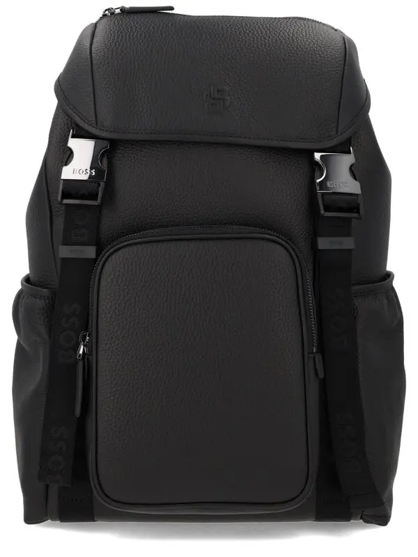 BOSS Monogrammed Logo Leather Backpack - Black
