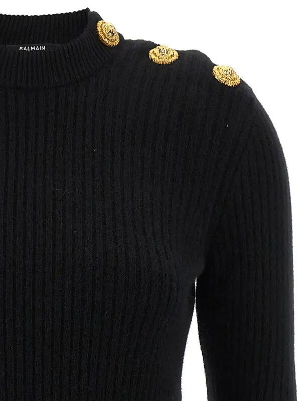 Balmain Ribbed Crew Neck Sweater With Metal Button Detail