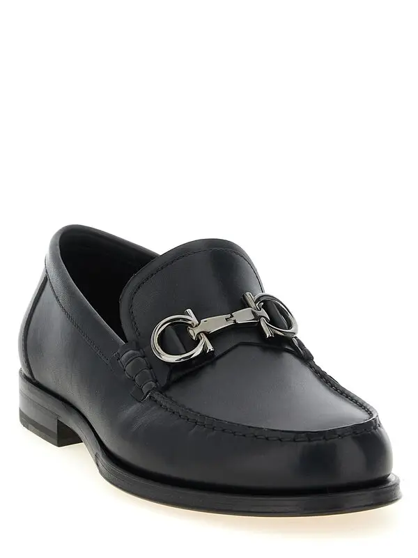 FERRAGAMO Teatro Leather Loafers With Gancini Detail - Black