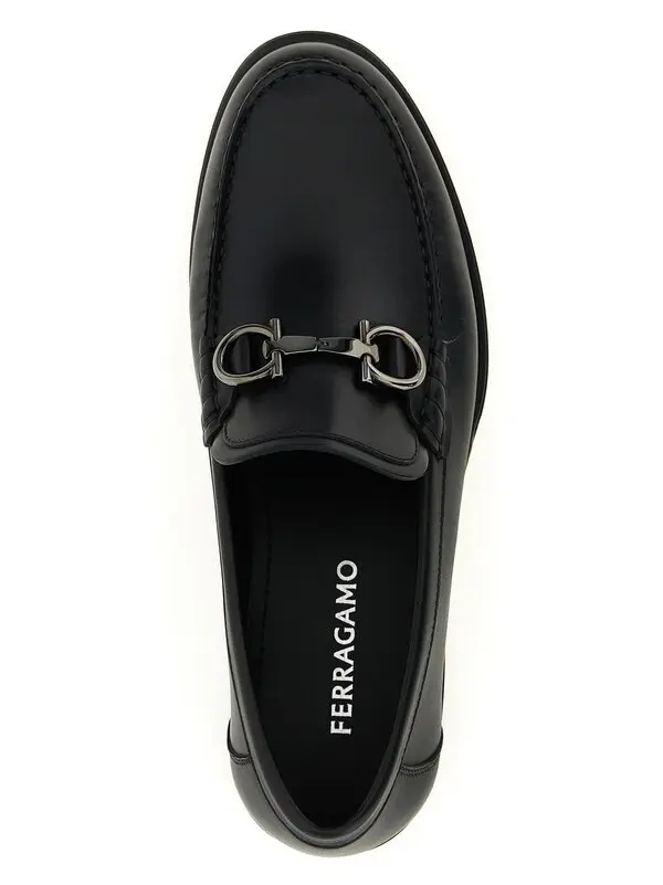 FERRAGAMO Teatro Leather Loafers With Gancini Detail - Black