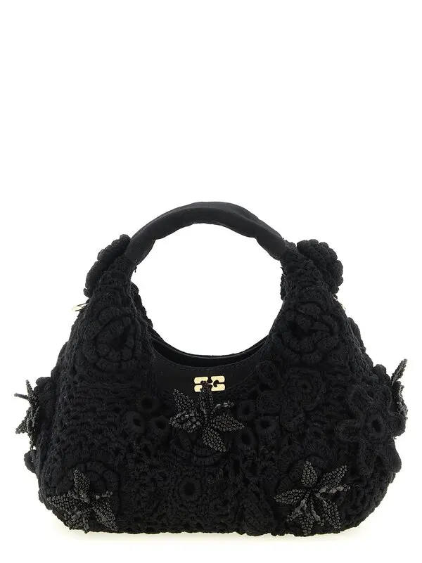 GANNI Mini Hobo Crochet Handbag With Beaded Embellishments - Black