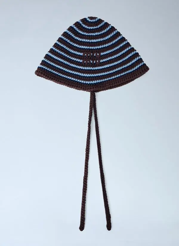 Miu Miu Striped Crochet Hat With Ties - Brown