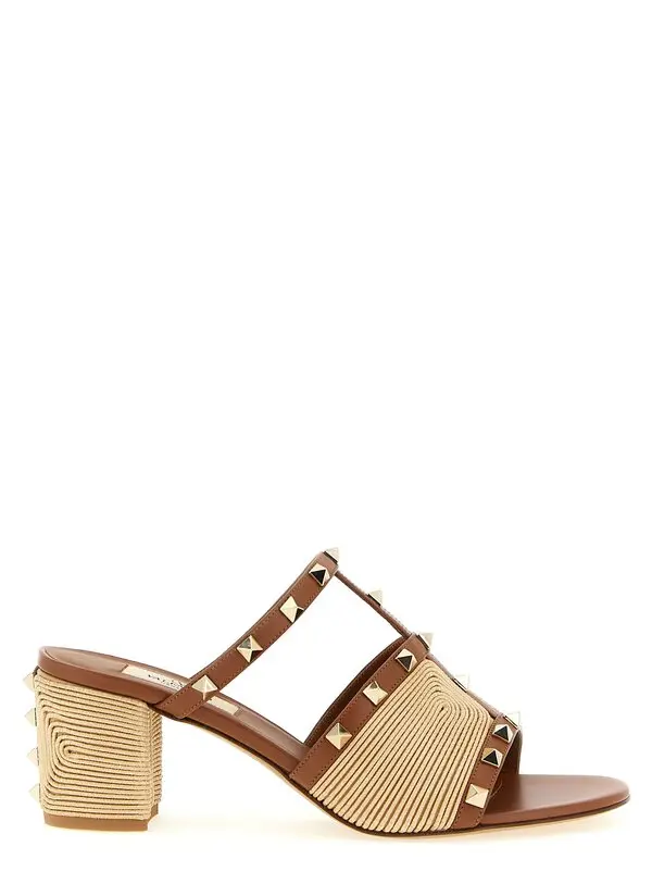 Valentino Garavani Rockstud Embellished Raffia Slides - Brown