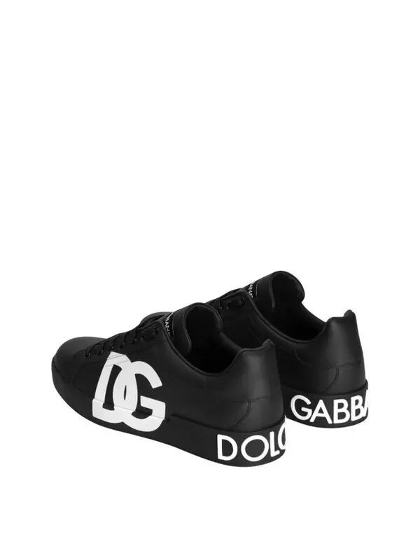 Dolce & Gabbana Portofino Nappa Calfskin Sneakers With Printed Dg Logo - Black