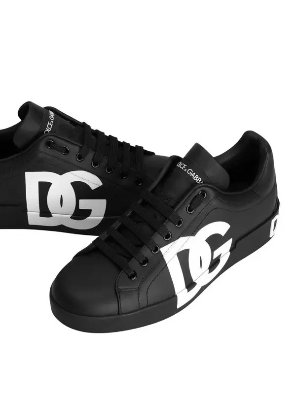 Dolce & Gabbana Portofino Nappa Calfskin Sneakers With Printed Dg Logo - Black
