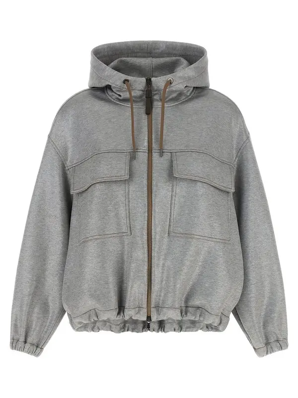 Brunello Cucinelli Mélange Cotton Bomber Jacket With Shiny Zipper Pull - Silver