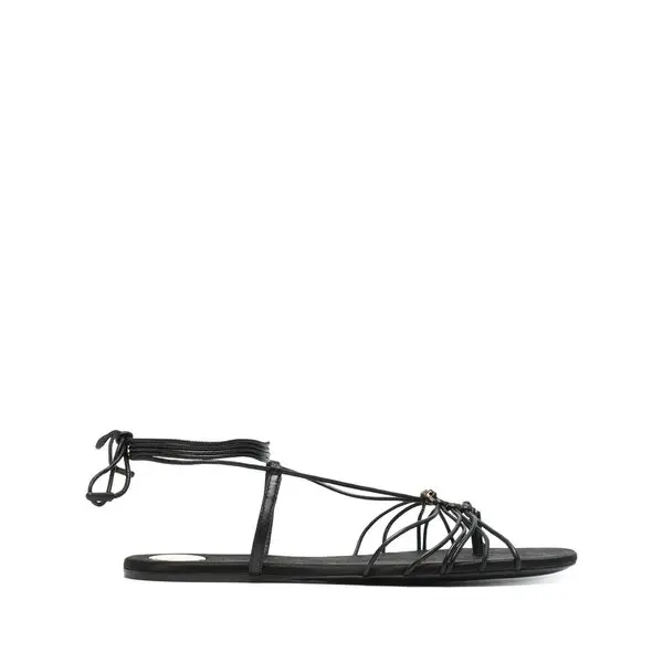 Saint Laurent Leather Ankle Tie Flat Sandals - Black