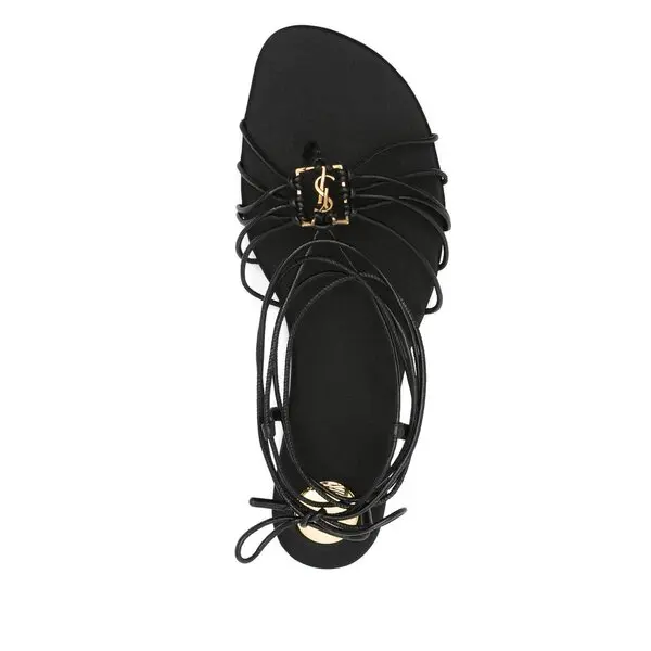Saint Laurent Leather Ankle Tie Flat Sandals - Black