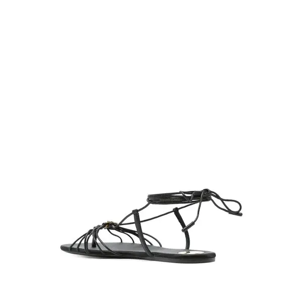 Saint Laurent Leather Ankle Tie Flat Sandals - Black