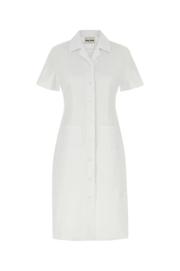 Miu Miu Poplin Shirt Dress With Classic Collar And Pockets - White