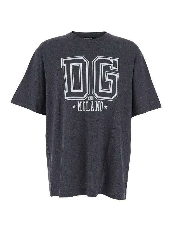 Dolce & Gabbana Grey Crewneck T-shirt With Logo Print On The Front In Cotton - Gray