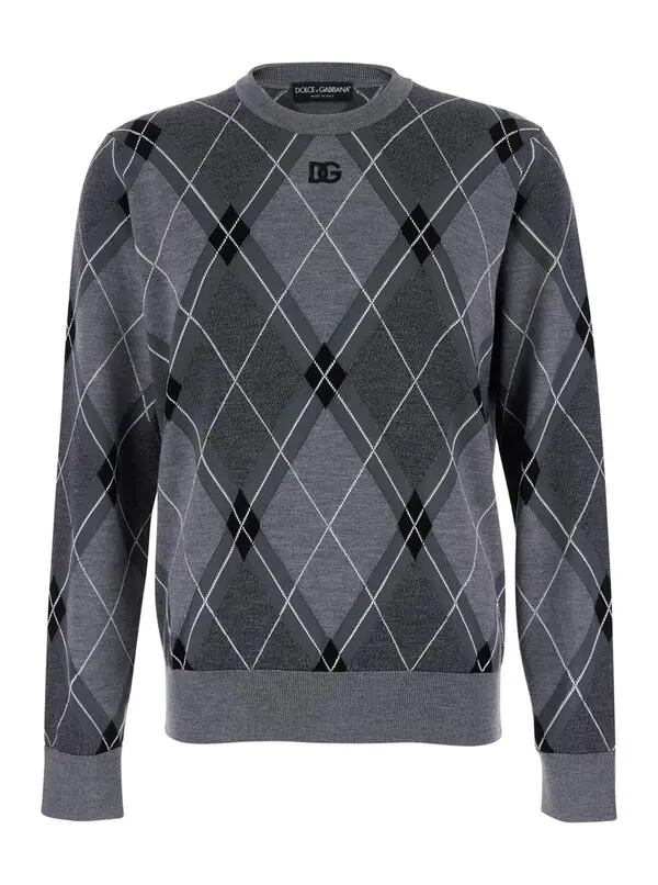 Dolce & Gabbana Grey Argyle Wool Blend Crew Neck Sweater - Multicolor