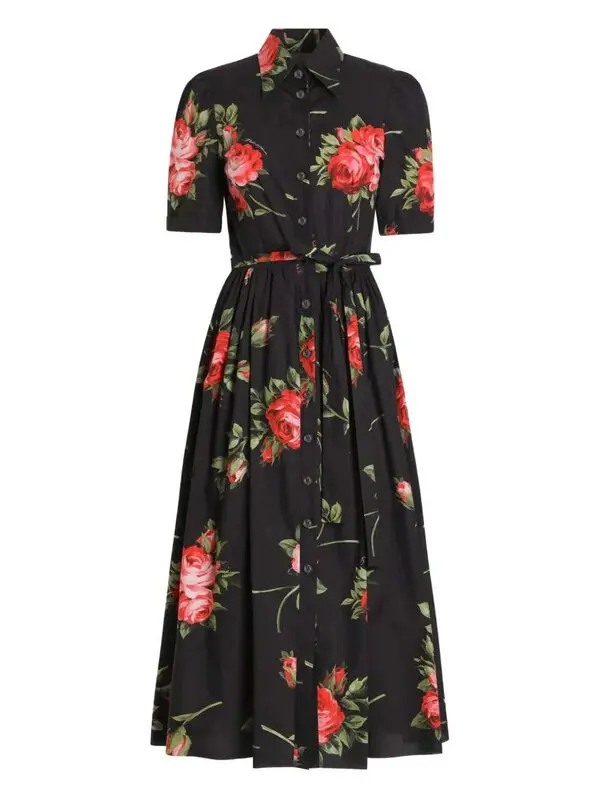 Dolce & Gabbana Floral Cotton Midi Shirt Dress With Belt - Multicolor