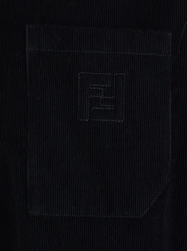 Fendi Shirt With Button-down Collar And Ff Embroidery On Front In Ribbed Cotton For - Black