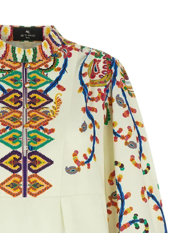 Etro Printed Paisley Mandarin Collar Cotton Poplin Mini Dress - Multicolor