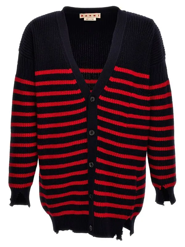 Marni Striped Distressed Wool Cardigan