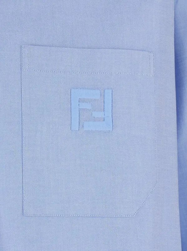 Fendi Light Button-down Collar Shirt With Ff Embroidery On Front In Cotton For - Blue