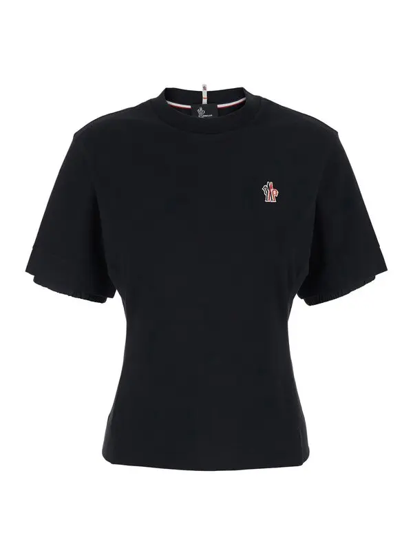 Moncler Black Tech Fabric Crew Neck T-shirt With Logo - Multicolor