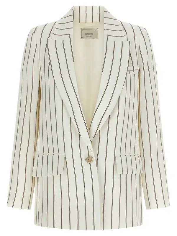 Peserico Single-breasted Pinstripe Linen Cotton Twill Blazer - White