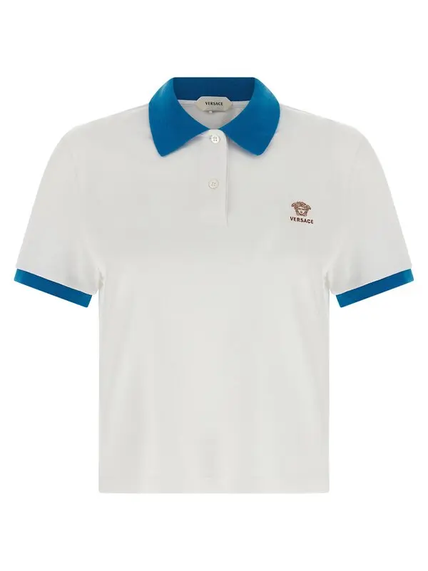 Versace Medusa Embroidered Cotton Piquet Polo Shirt - Blue