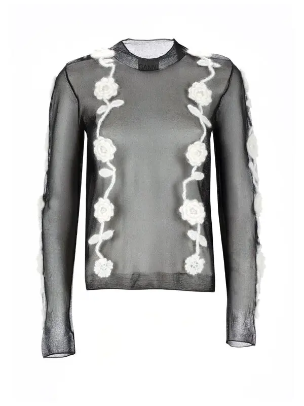 GANNI Mesh Long Sleeve Top With Floral Applique - Black