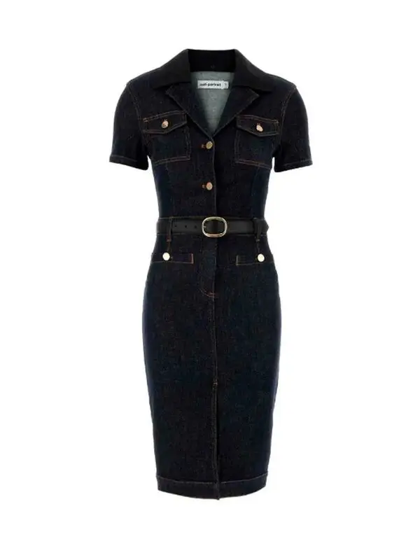 SELF-PORTRAIT Denim Midi Dress With V-neckline And Front Zip - Multicolor